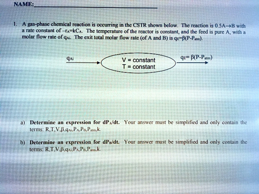 name la gas phase chemical reaction is occurring in the cstr shown ...