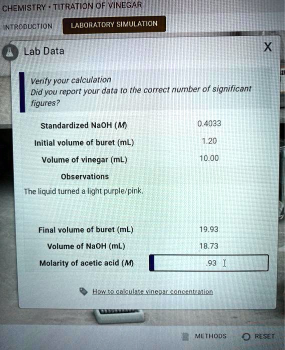 Solved Chemistry Titration Of Vinegar Introduction Laboratory Simulation Lab Data Verify
