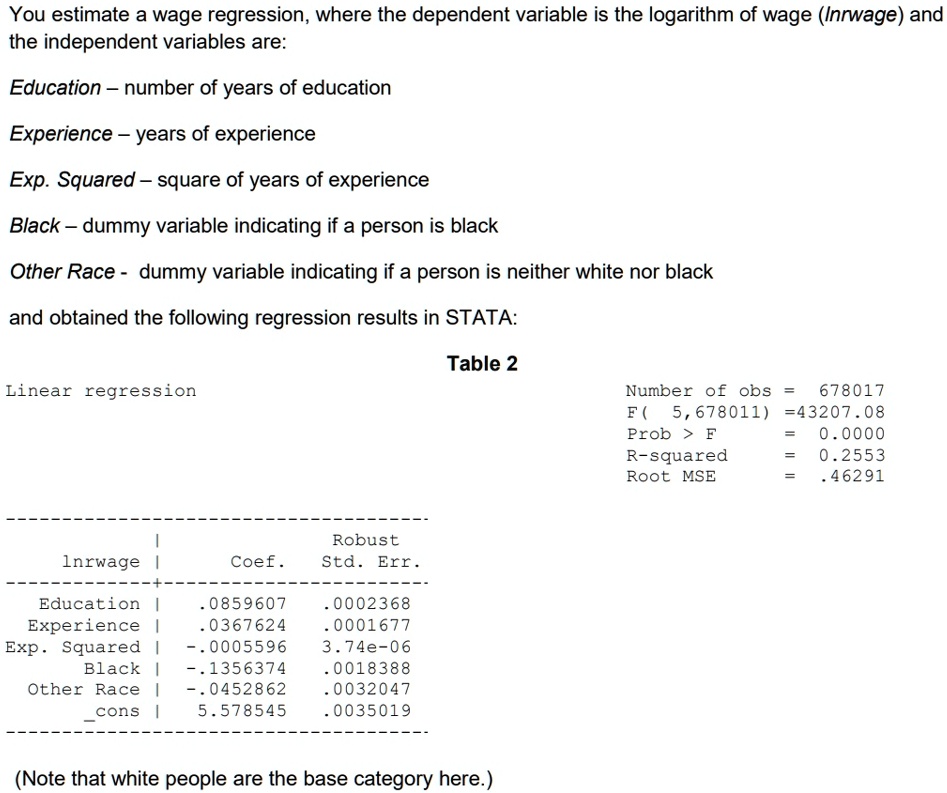 SOLVED: You estimate a wage regression, where the dependent variable is ...