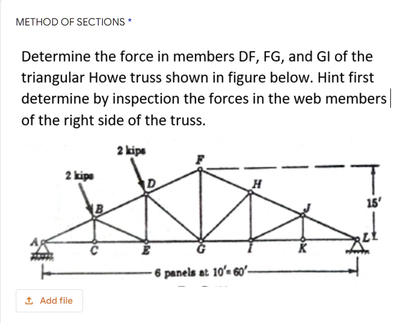 SOLVED: METHOD OF SECTIONS * Determine the force in members DF, FG, and ...