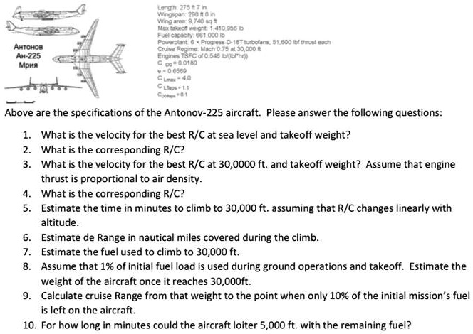 SOLVED: Length: 2757 in Wingspan: 290 ft Wing area: 9740 sq ft Weight ...