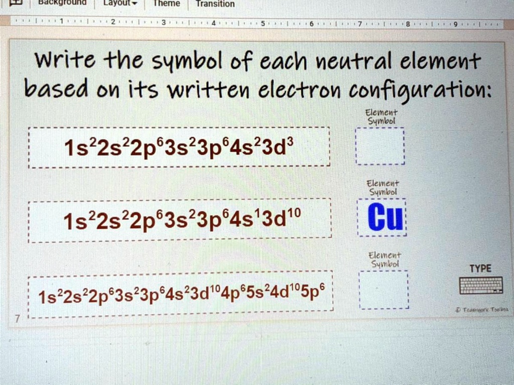 SOLVED: 'Write the symbol of each neutral element based on its written electron configuration ...