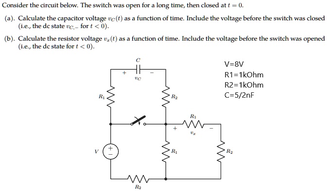 SOLVED: Consider the circuit below. The switch was open for a long time, then closed at t = 0 ...