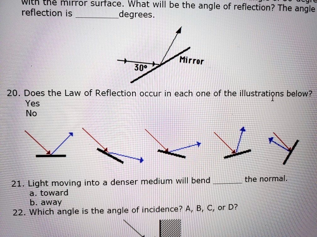 SOLVED: Witn ineimirror surface C9i What will be the angle of reflection? The reflection is ...