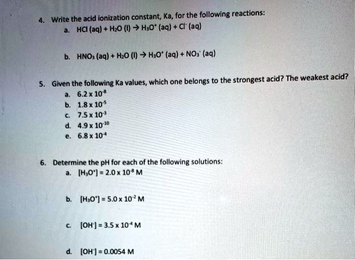 write the acid ionization constant ka for the following reactions hci ...