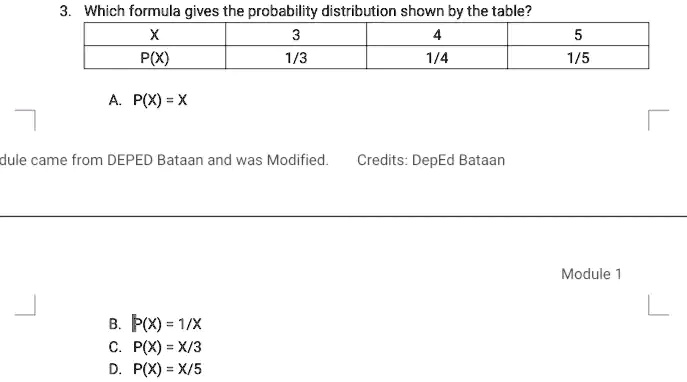 SOLVED: Which formula gives the probability distribution shown by the ...