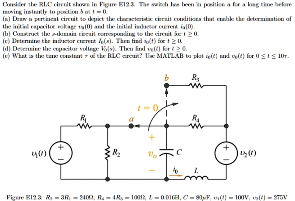 SOLVED: Consider the RLC circuit shown in Figure E12.3. The switch has been in position a for a ...