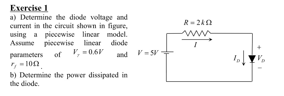 Exercise 1 a) Determine the diode voltage and current in the circuit shown in figure, using a ...