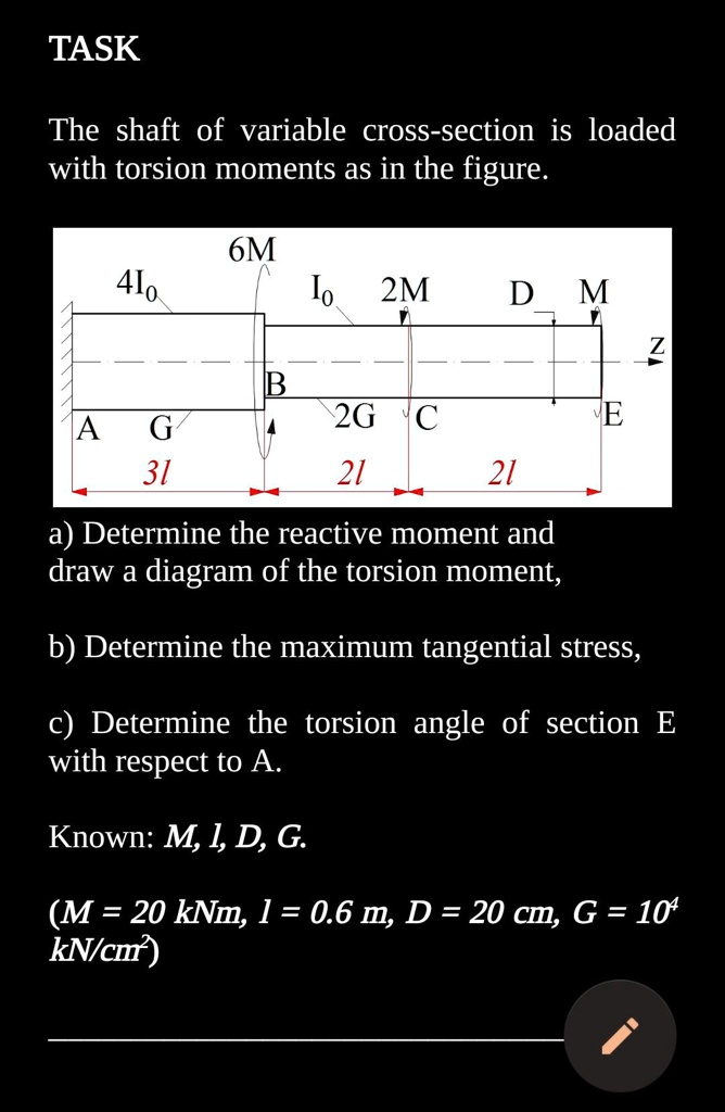 SOLVED: The shaft of variable cross-section is loaded with torsion ...