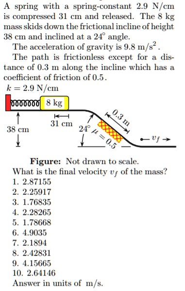 SOLVED: A spring with a spring constant of 2.9 N/cm is compressed by 31 ...