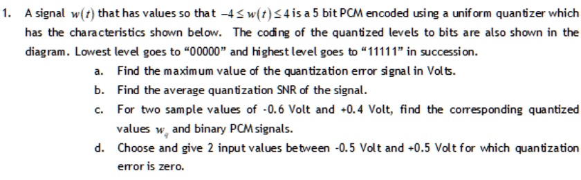 SOLVED: A signal w(t) that has values so that -4 â‰¤ w(t) â‰¤ 4 is a 5-bit PCM encoded using a ...