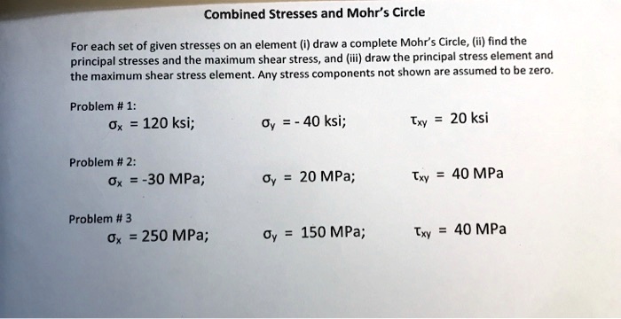 SOLVED: Combined Stresses and Mohr's Circle For each set of given stresses on an element, draw a ...
