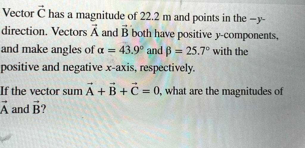 SOLVED: Vector C has a magnitude of 22.2 m and points in the -y direction. Vectors A and B both ...