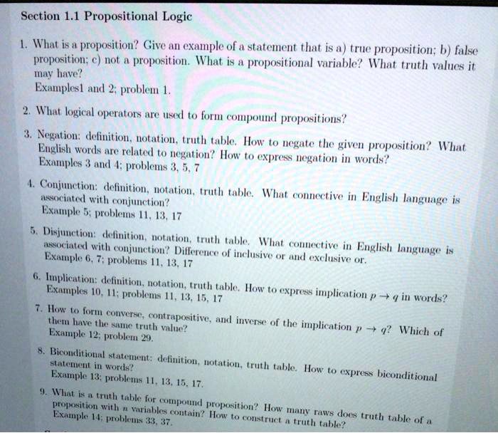 Text: Section 1.1 Propositional Logic What is a proposition? Give an example of a) true ...