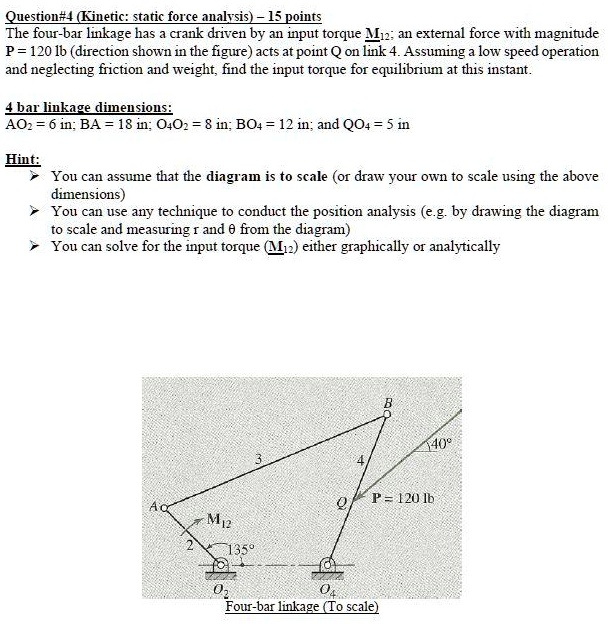 Question#4 (Kinetic: static force analysis) – 15 points The four-bar linkage has a crank driven ...