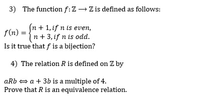 SOLVED: The function f: Z â†’ Z is defined as follows: f(n) = âˆš(n + 1), if n is even, f(n) = n ...