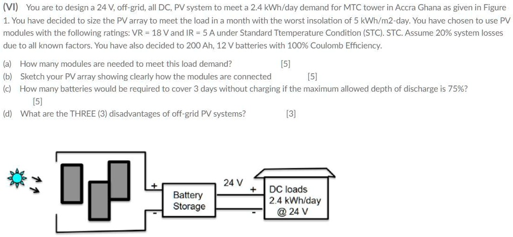 (VI) You are to design a 24 V, off-grid, all DC, PV system to meet a 2.4 kWh/day demand for MTC ...