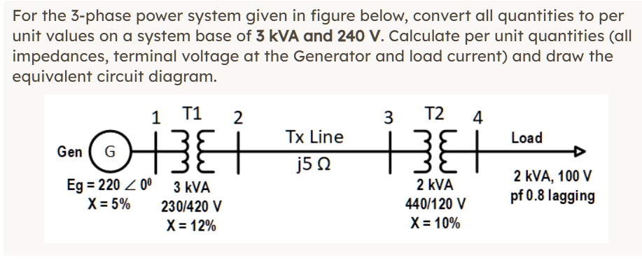 for the 3 phase power system given in figure below convert all quantities to per unit values on ...