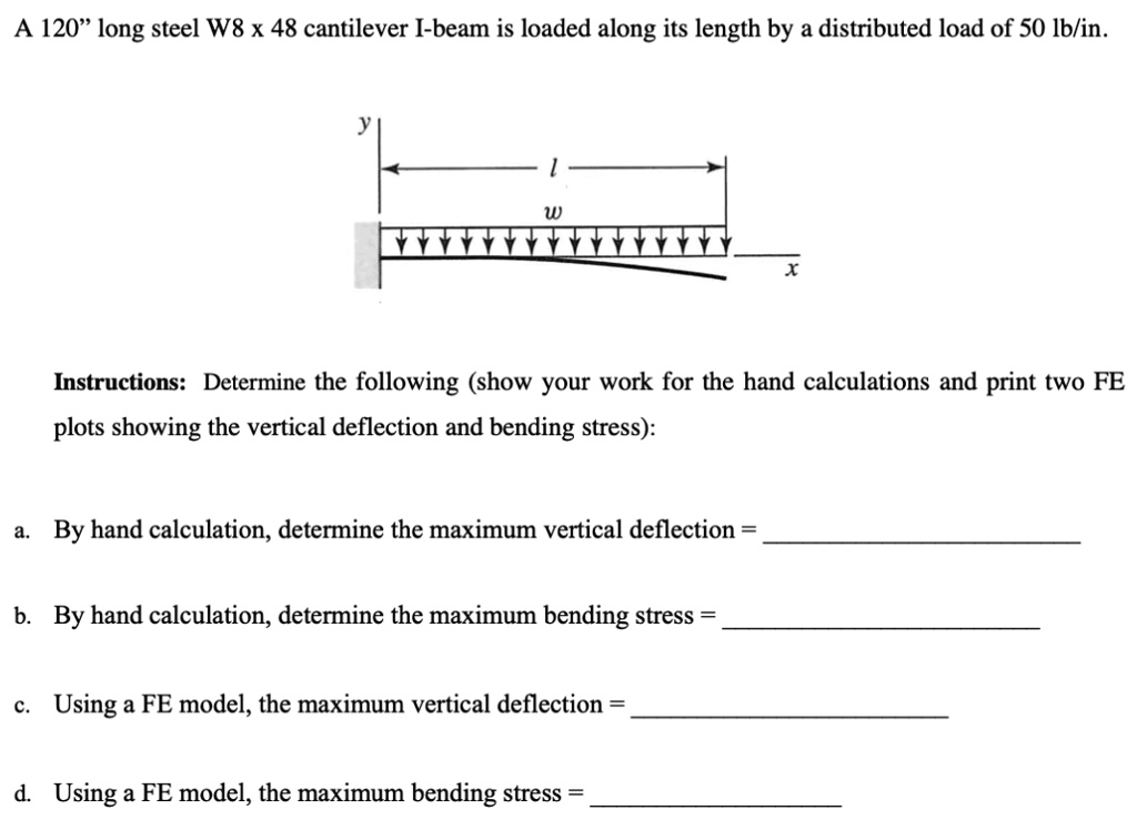 A 120" long steel W8 x 48 cantilever I-beam is loaded along its length ...