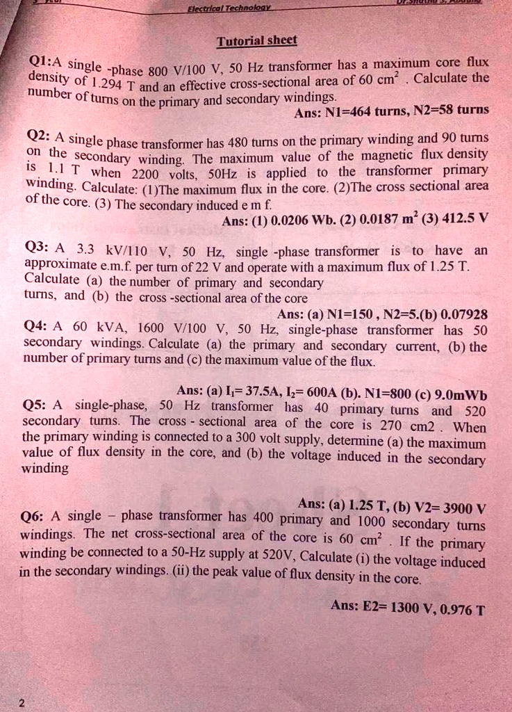 SOLVED: Electrical Technology Tutorial Sheet Q1: A single-phase 800(V ...