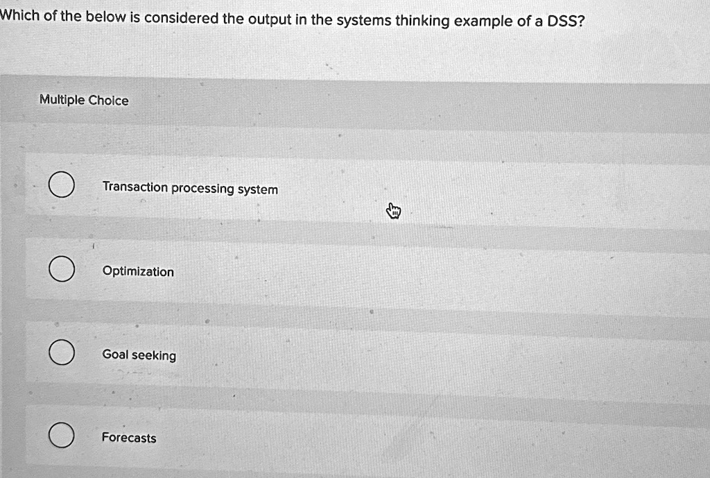 SOLVED: Which of the below is considered the output in the systems thinking example of a DSS ...