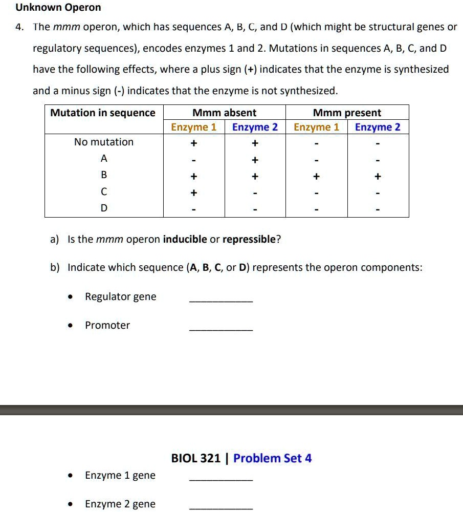 SOLVED: Unknown Operon The mmm operon, which has sequences A, B, C, and ...