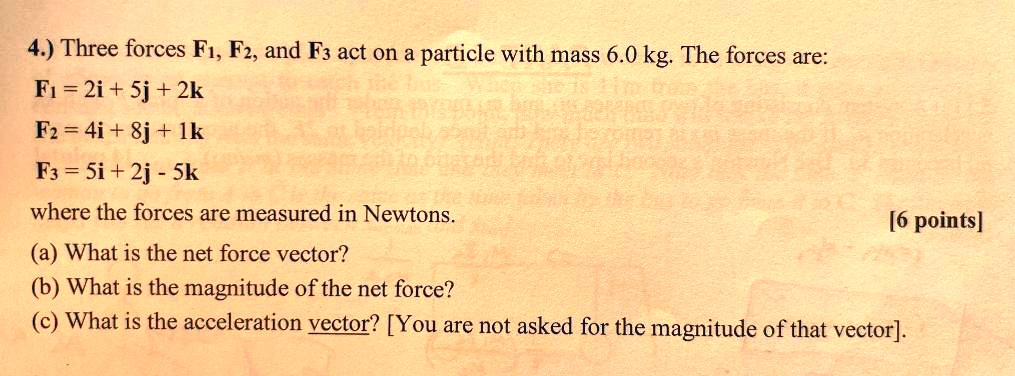 SOLVED: Three forces F1, F2, and F3 act on a particle with mass 6.0 kg. The forces are F1 = 2i ...