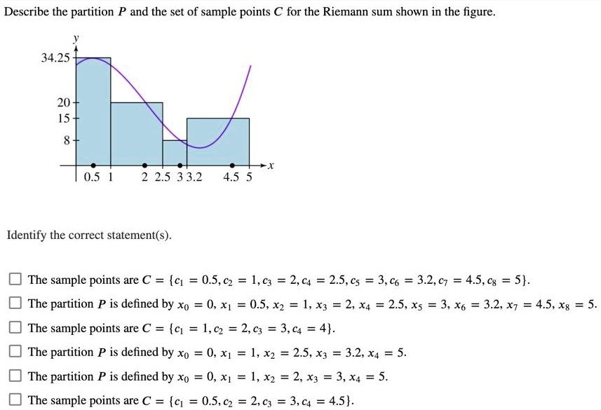 SOLVED:Describe the partition P and the set of sample points C for the ...