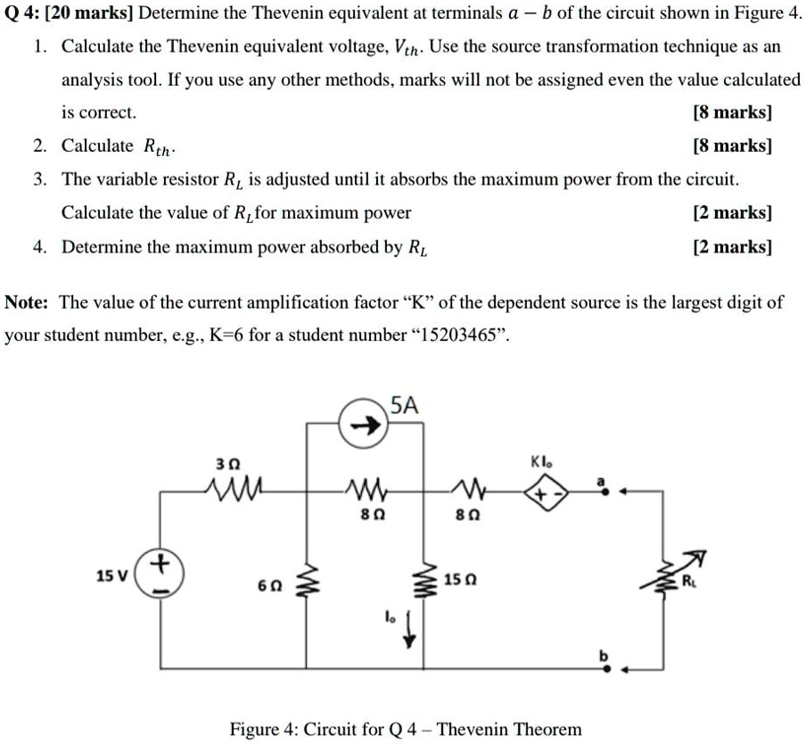 SOLVED: Q4:[20 marks]Determine the Thevenin equivalent at terminals a -b of the circuit shown in ...