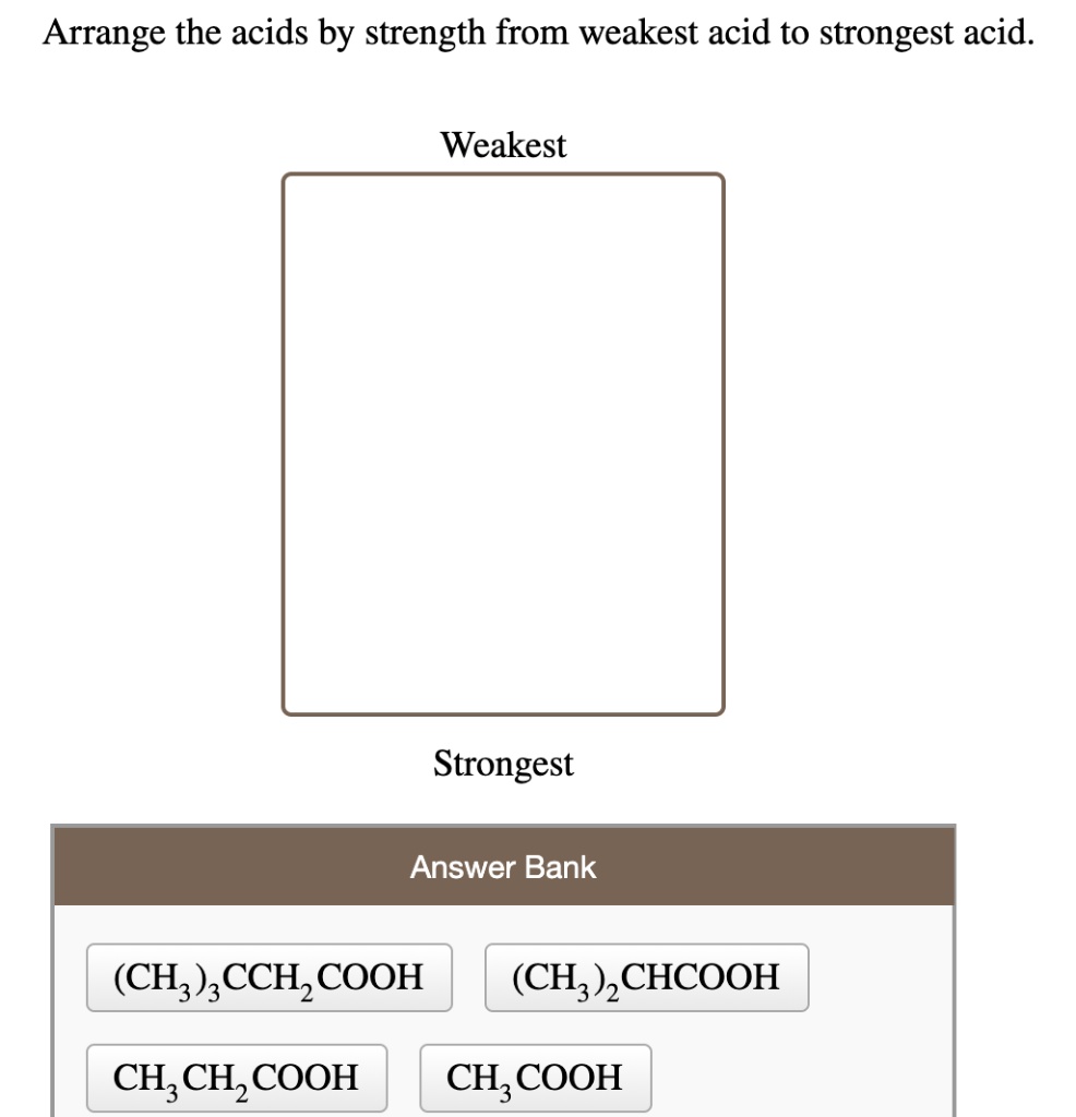 arrange the acids by strength from weakest acid to strongest acid ...
