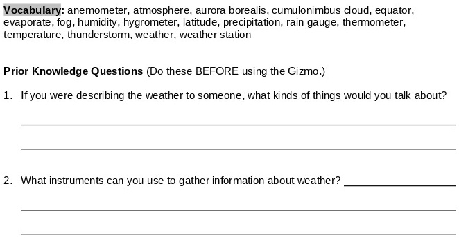 vocabulary anemometer atmosphere aurora borealis cumulonimbus cloud ...