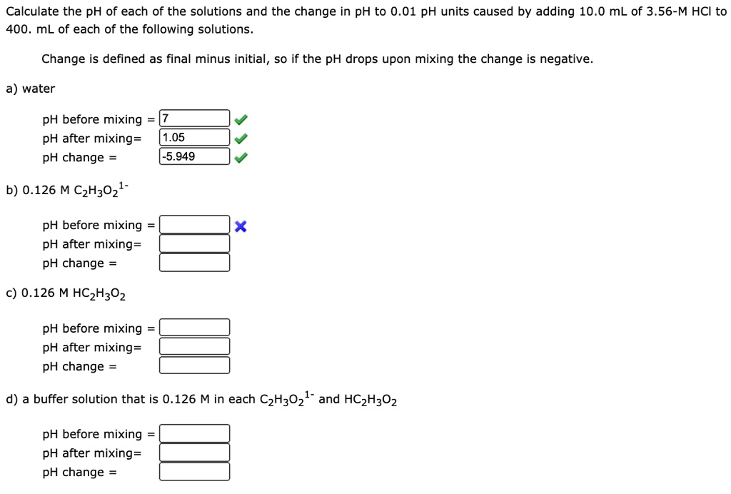 SOLVED: Calculate the pH of each of the solutions and the change in pH to 0.01 pH units caused ...