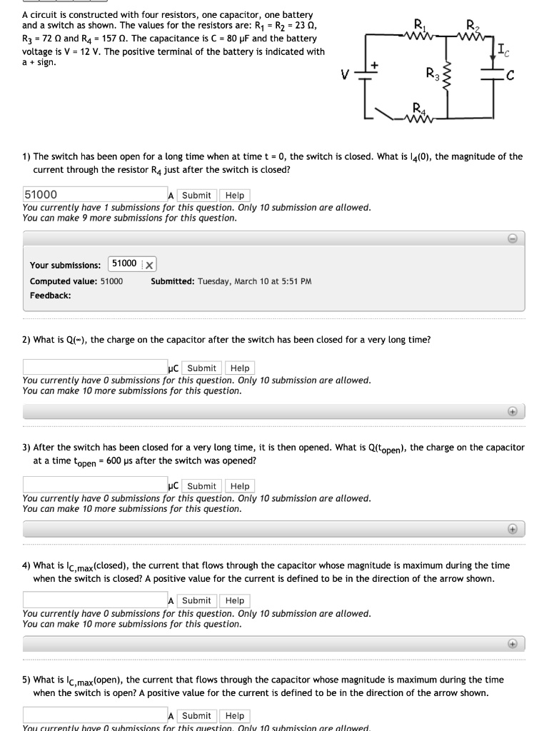 SOLVED: A circuit is constructed with four resistors one capacitor, one ...