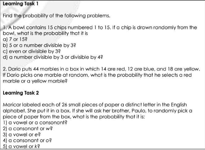 SOLVED:Learning Task Find the probability of Ihe following problems I.A ... SOLVED:Learning Task Find the probability of Ihe following problems I.A ...