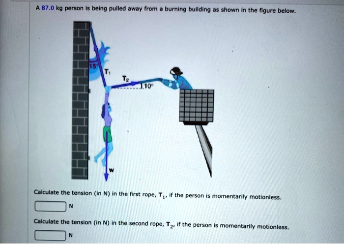 SOLVED: 87.0 kg person is being pulled away from a burning building as ...