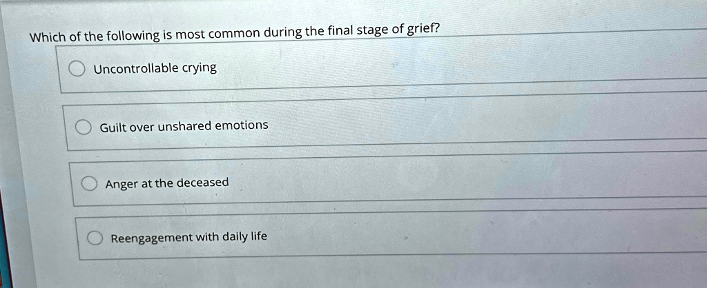 Which of the following is most common during the final stage of grief ...