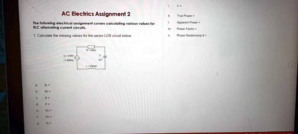 SOLVED: AC Electrics Assignment 2 Dol The following electrical assignmenl covers calculating ...