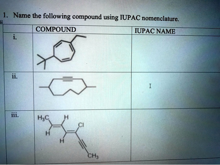 SOLVED: Name the following compound using IUPAC nomenclature. COMPOUND IUPAC NAME iii. HJC CHj