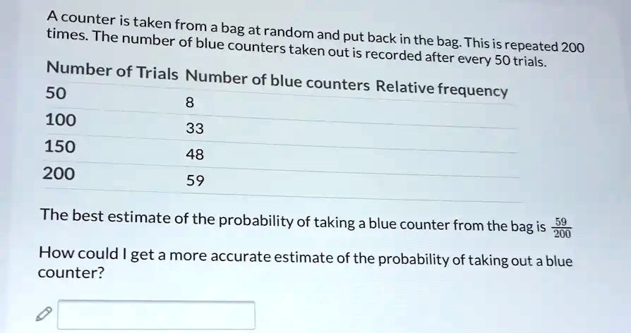 SOLVED: A counter is taken from the bag - times. The number of blue ...
