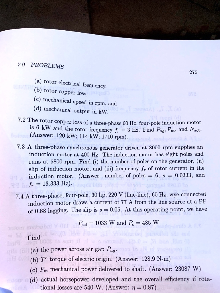 73 79 problems 275 a rotor electrical frequency b rotor copper loss c ...