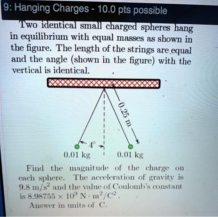 9 hanging charges 100 pts possible two identical small charged spheres hang in equilibrium with ...