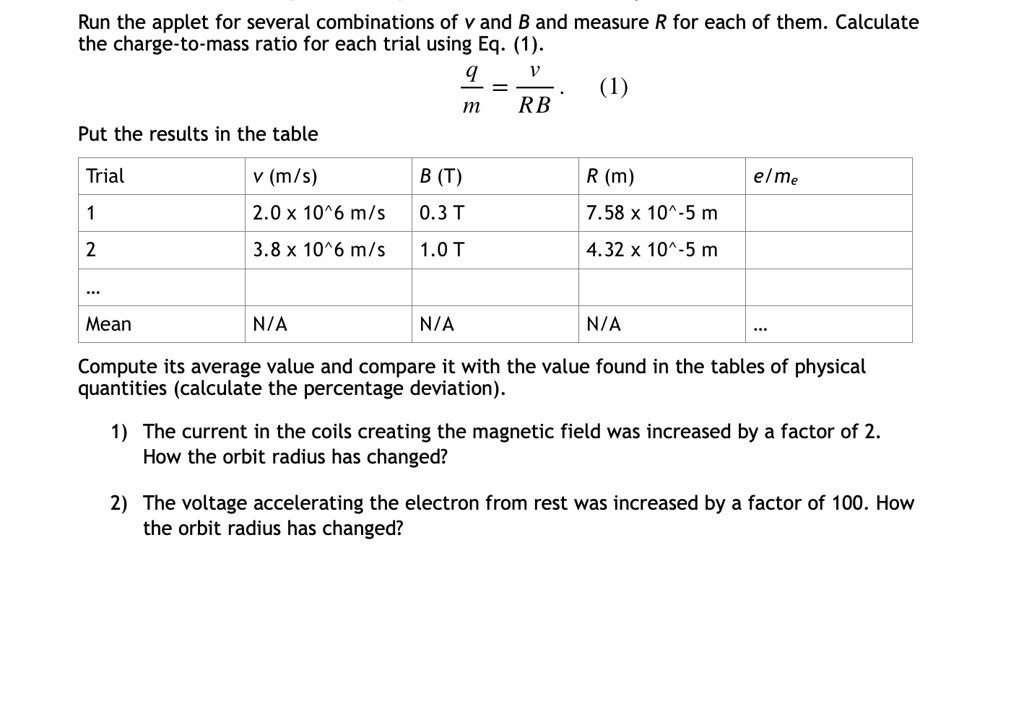 SOLVED: Run the applet for several combinations of v and B and measure ...