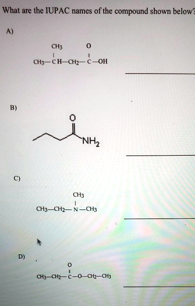 SOLVED: Homework Help - Thank You What are the IUPAC names of the compounds shown below? A) CH3 ...