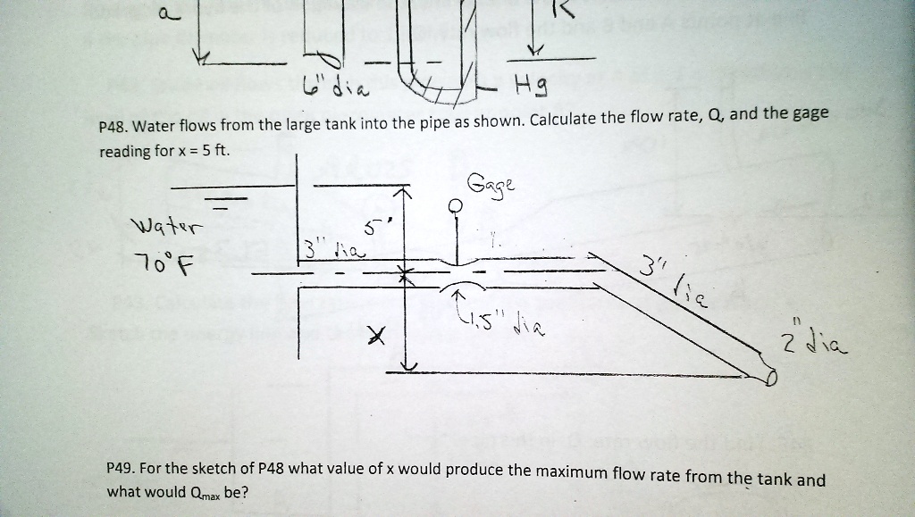 Water flows from the large tank into the pipe as shown. Calculate the ...