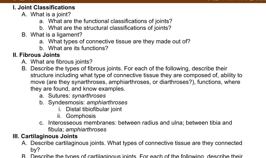 I Joint Classifications A What Is A Joint A What Are The Functional Classifications Of