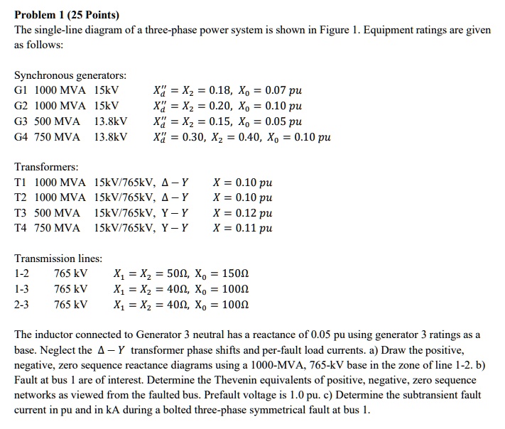 SOLVED: Problem 1 (25 Points) The single-line diagram of a three-phase power system is shown in ...