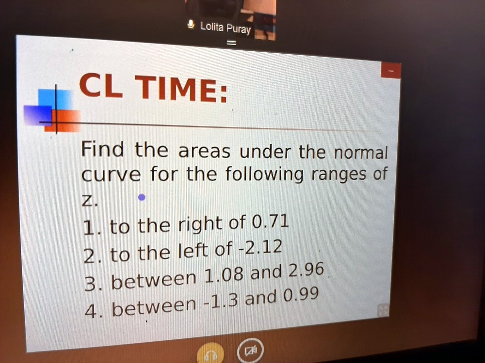 SOLVED: Lolita Puray CL TIME: Find the areas under the normal curve for ...