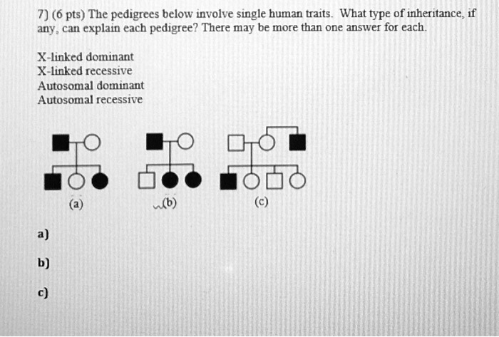 SOLVED: The pedigrees below involve single human traits. What type of inheritance can explain ...