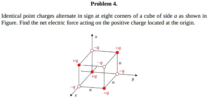 Problem 4. Identical point charges alternate in sign at eight corners ...