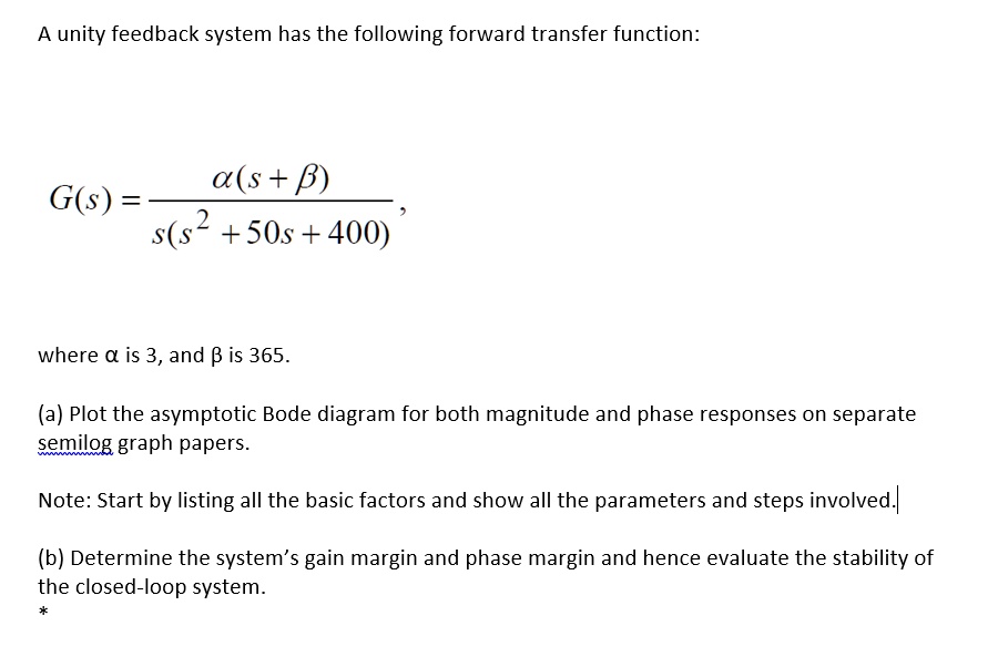 SOLVED: A unity feedback system has the following forward transfer function: a(s^2 + 50s + 400 ...